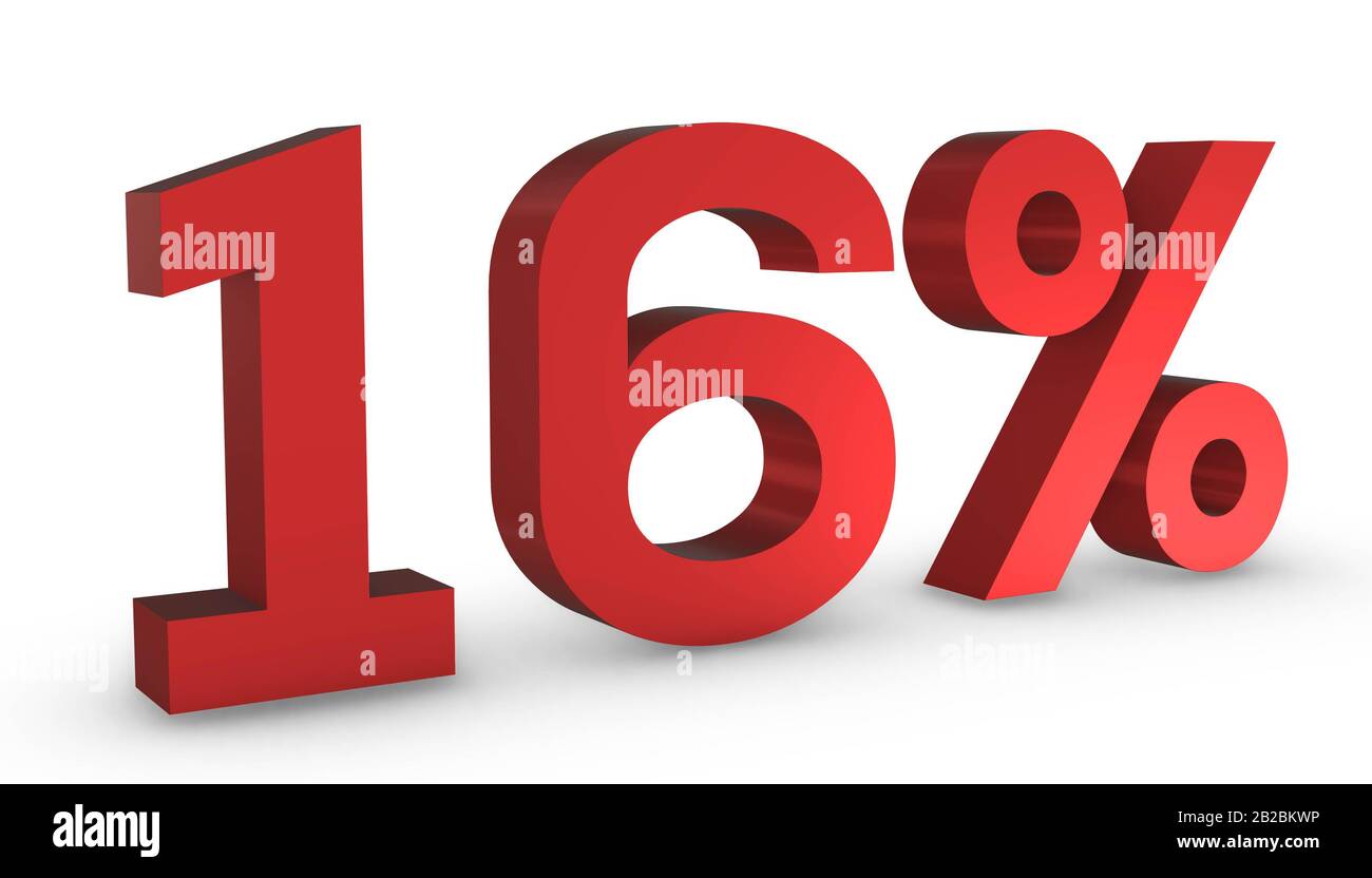 3D Shiny Red Number Sixteen Percent 16% Isolated on White Background ...