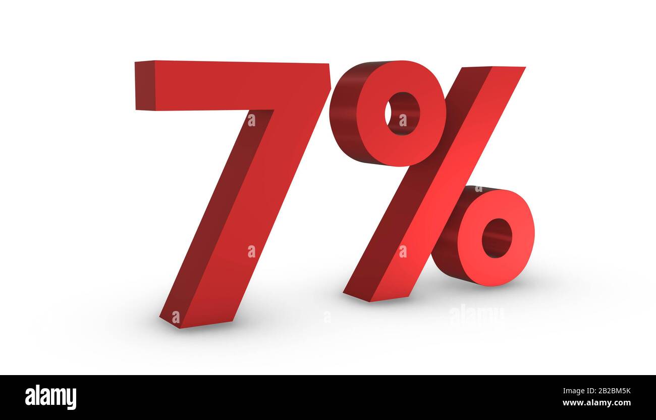 3D Shiny Red Number Seven Percent 7% Isolated on White Background Stock ...