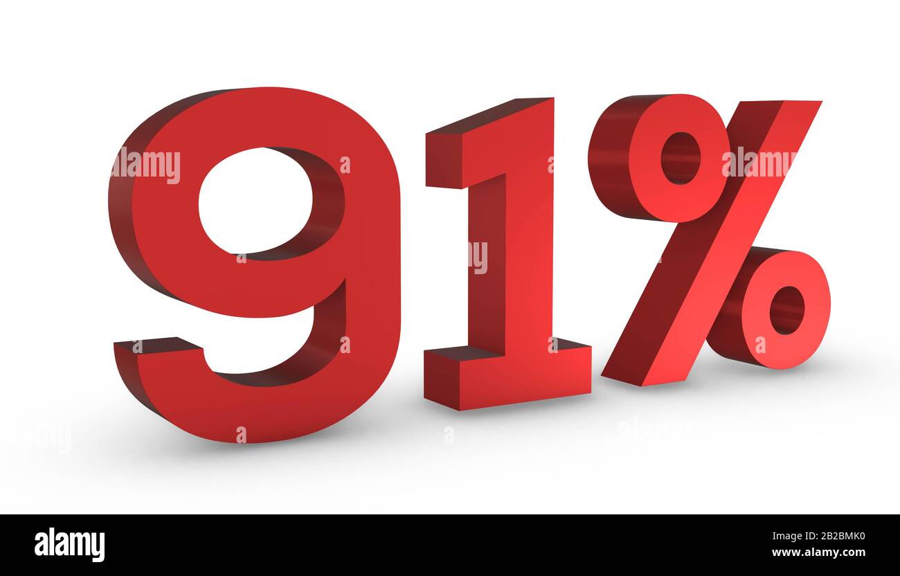 3D Shiny Red Number Ninety One Percent 91% Isolated on White Background ...