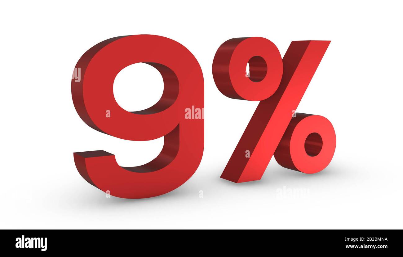 3D Shiny Red Number Nine Percent 9% Isolated on White Background Stock ...