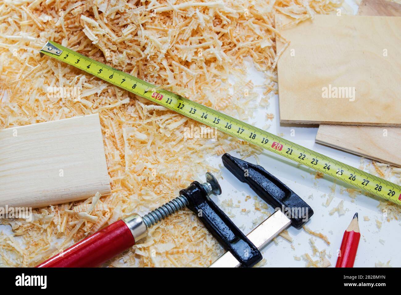working tool carpenter ruler, chisel, pencil, sawdust and shavings ...