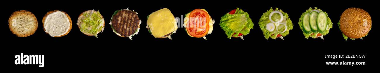 Process making of burger, step by step isolated on black background ...