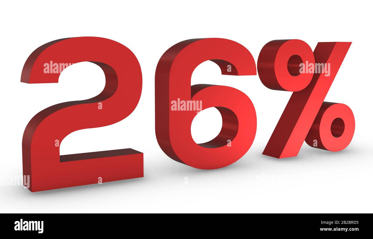 3D Shiny Red Number Twenty Six Percent 26% Isolated on White Background ...