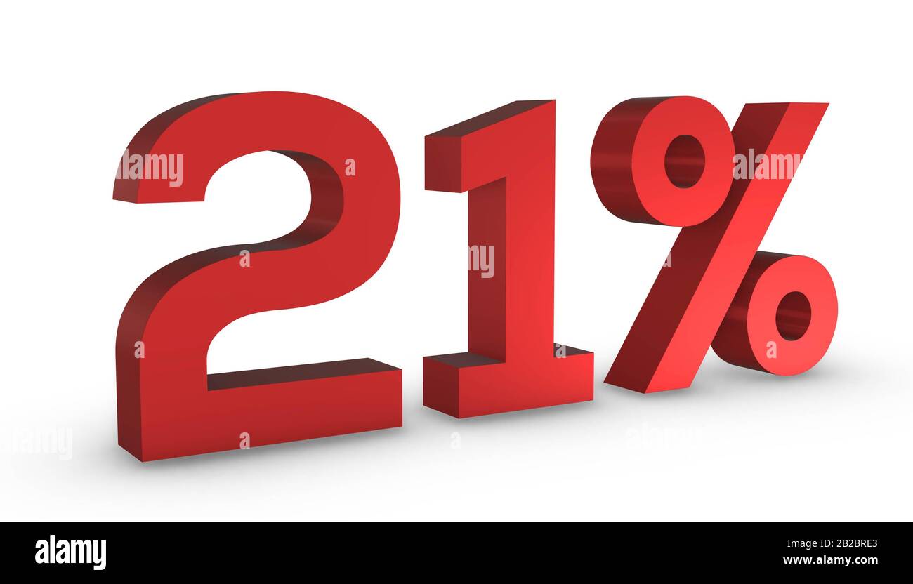 3D Shiny Red Number Twenty One Percent 21% Isolated on White Background ...