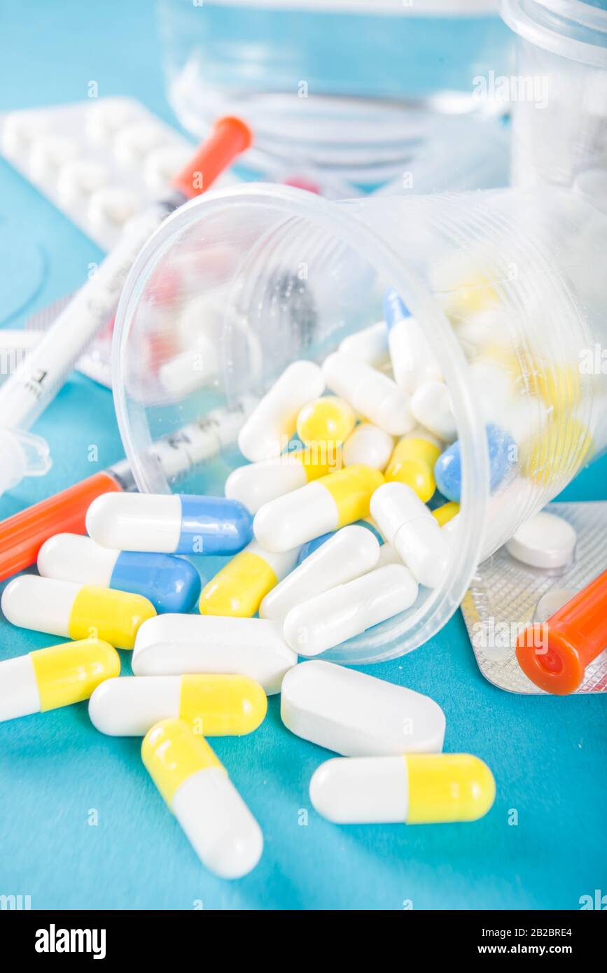 Pharmaceutical medicine pills concept, Assorted various pills, tablets ...