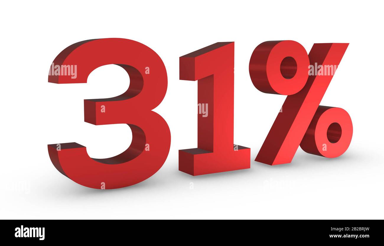 3D Shiny Red Number Thirty One Percent 31% Isolated on White Background ...