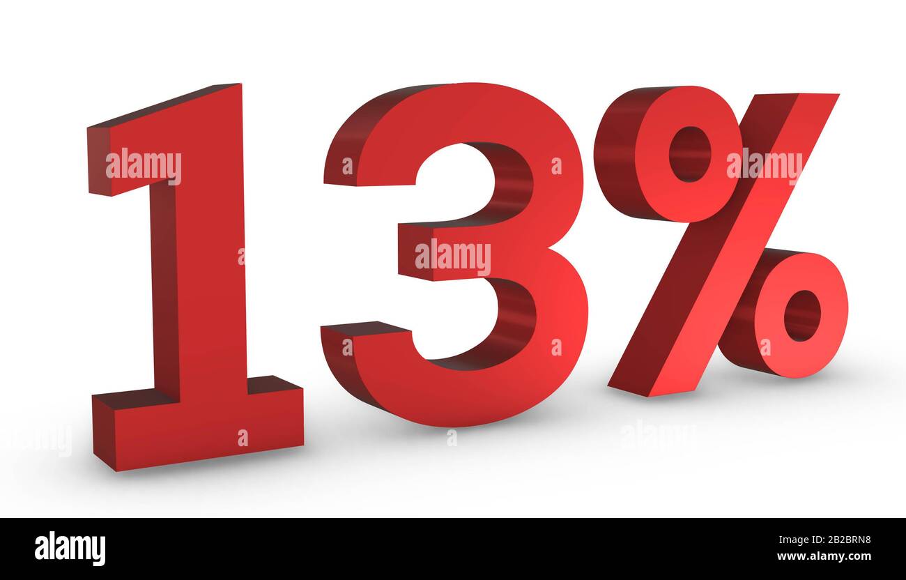 3D Shiny Red Number Thirteen Percent 13% Isolated on White Background ...