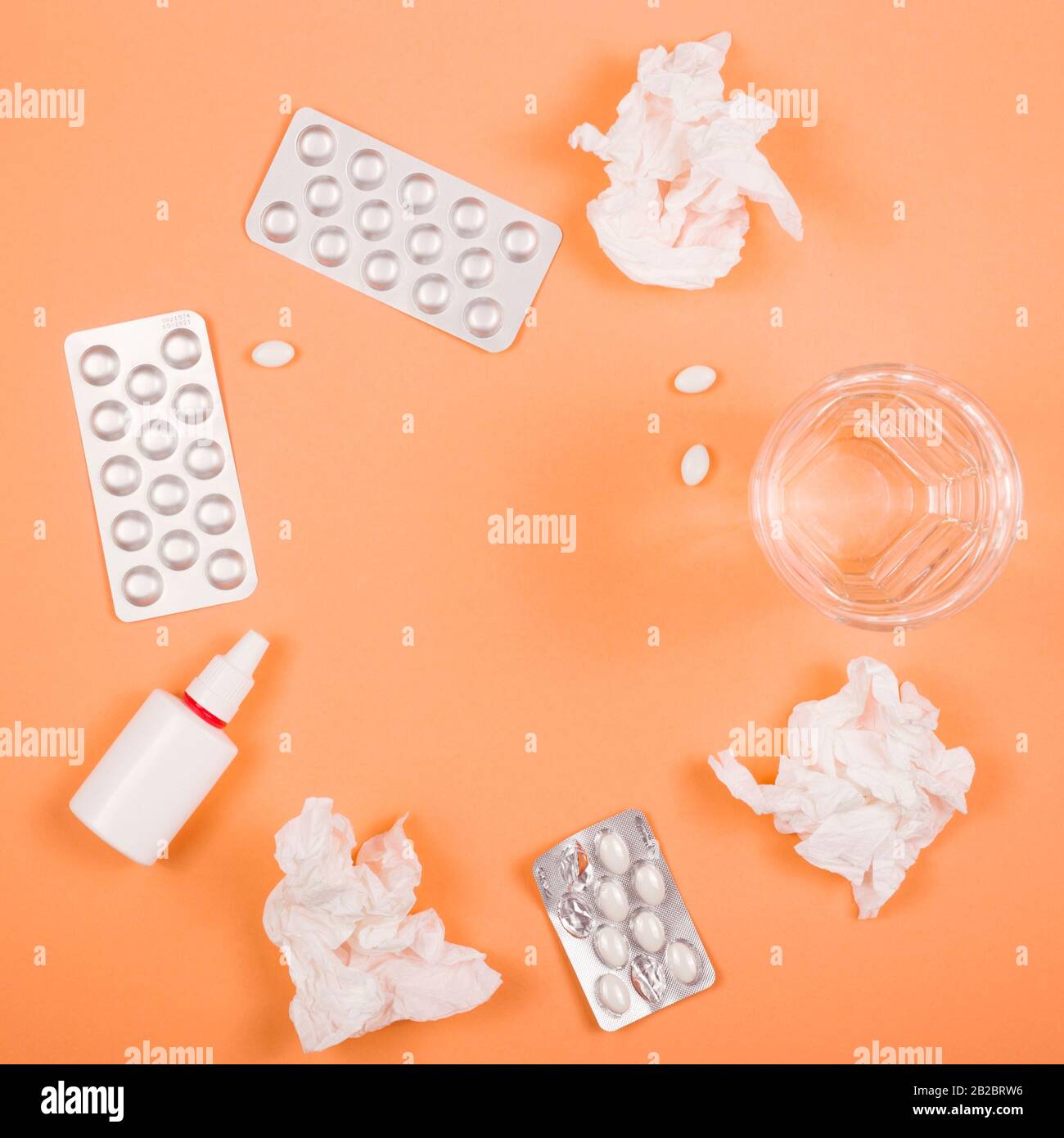 Allergic rhinitis or flu, treatment with drops and tablets. Layout on a ...