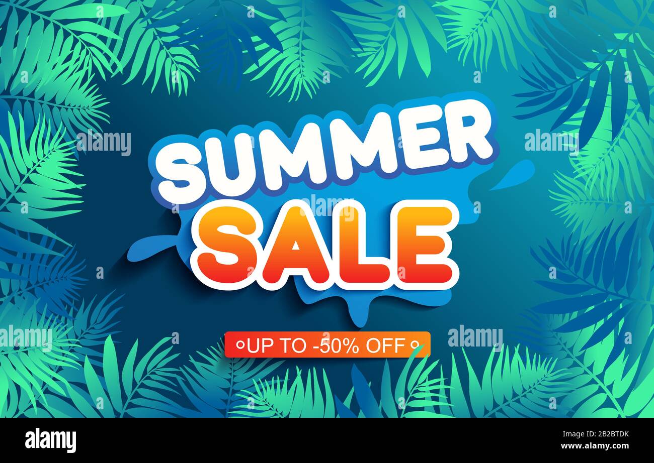 Summer sale ad background with leaves, stem isolated on blue sky ...