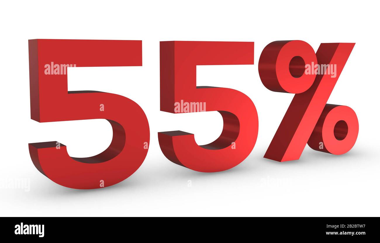 3D Shiny Red Number Fifty Five Percent 55% Isolated on White Background ...
