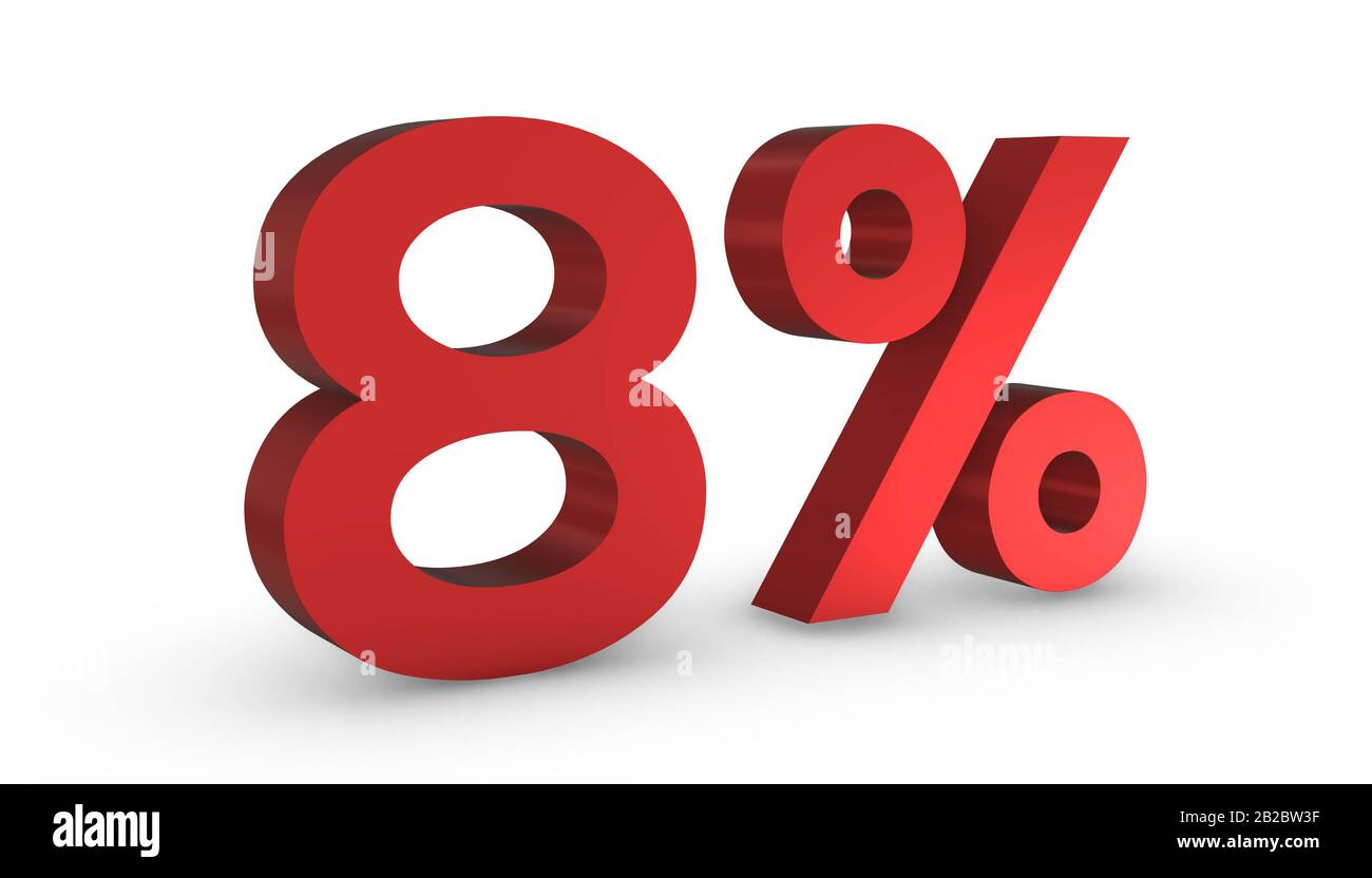 3D Shiny Red Number Eighty Percent 8% Isolated on White Background ...