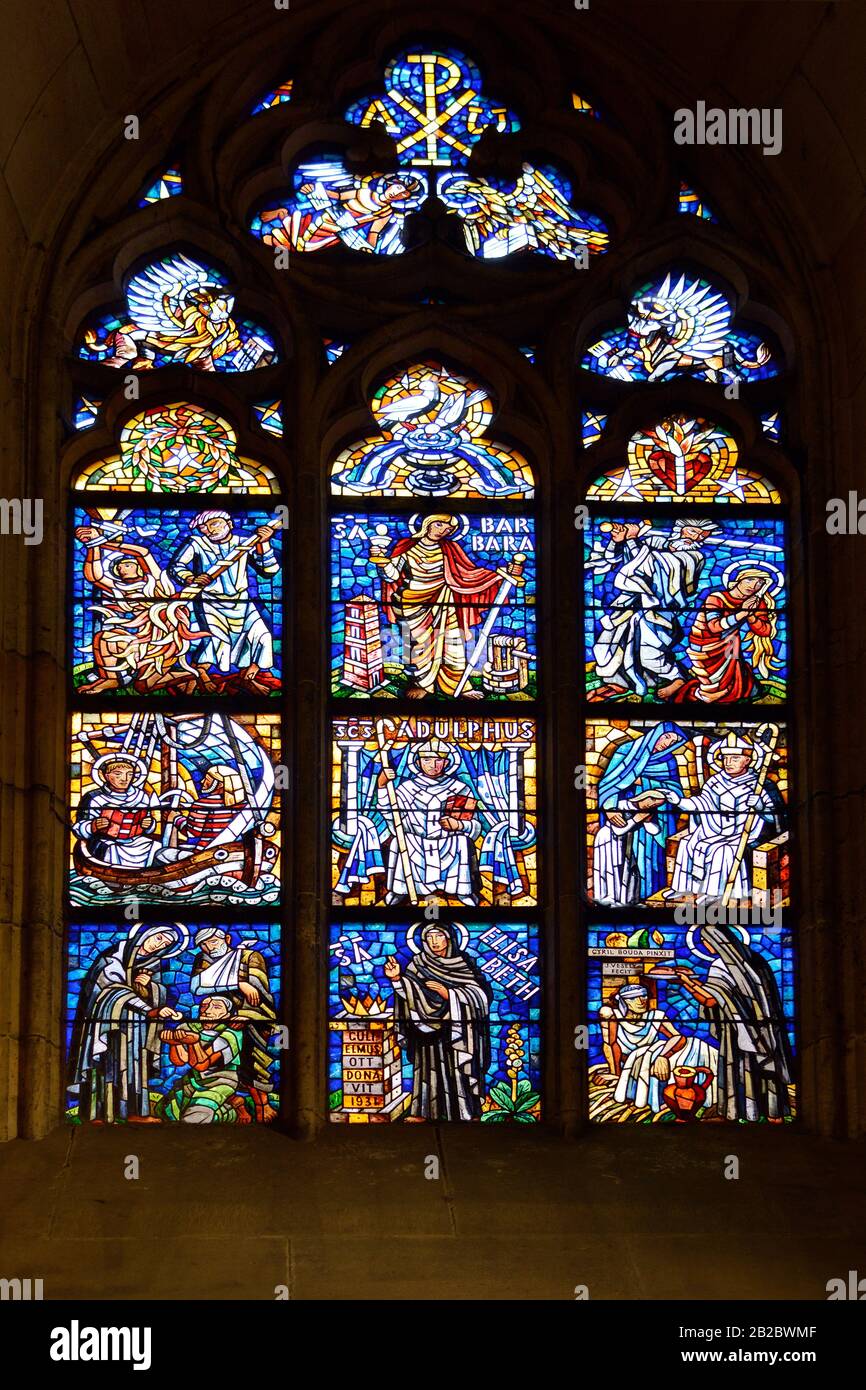 Czech Republic, Prague - colorful stained glass window in public Saint ...