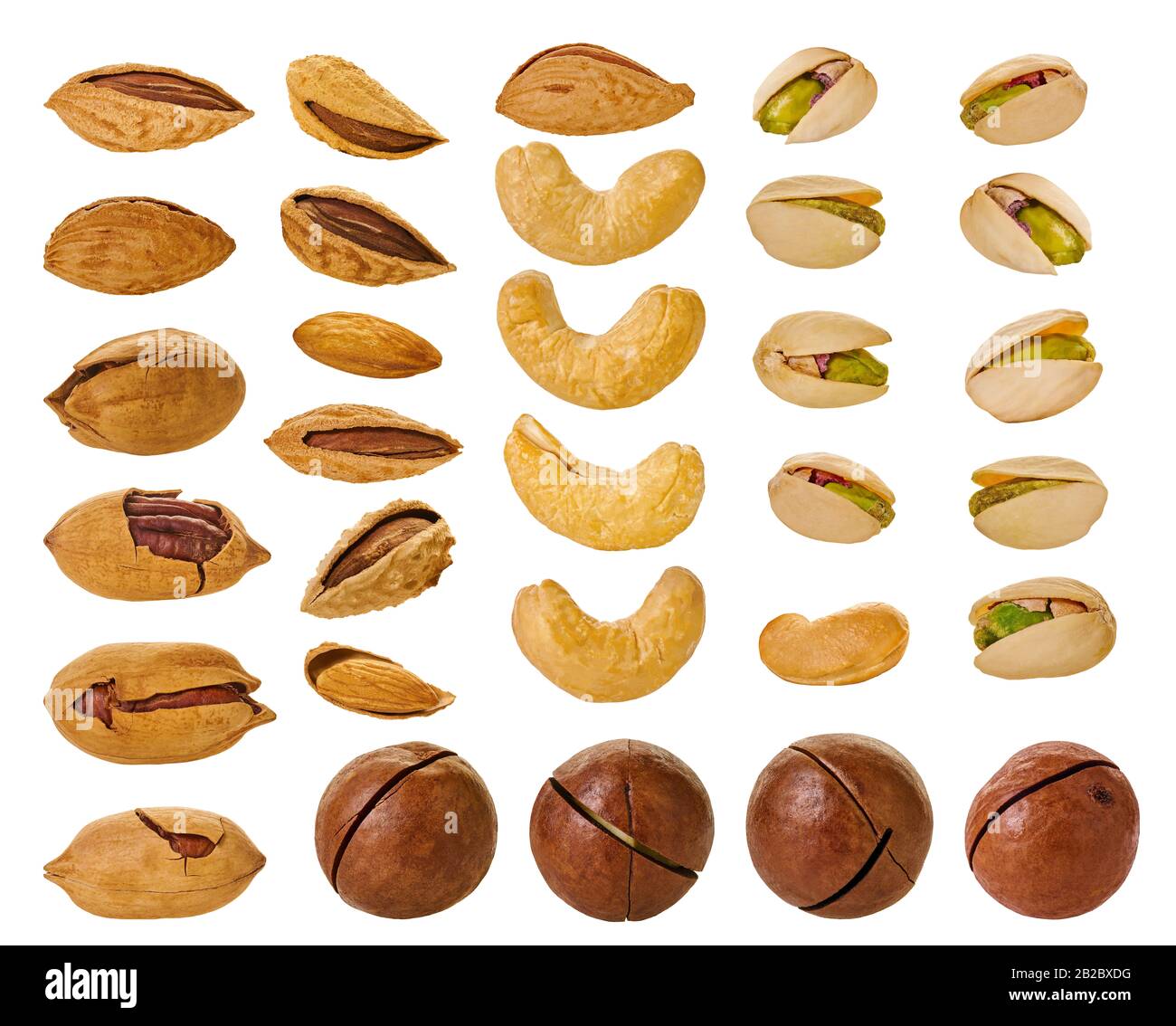 set of assorted nuts with clipping path on a white isolated background ...