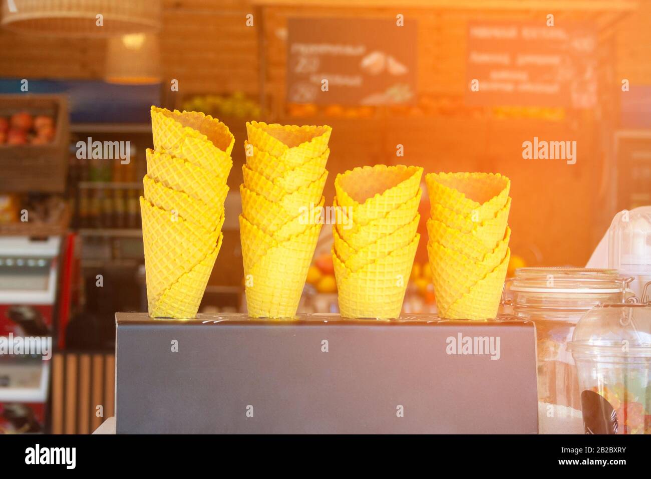 Ice cream cones on street ice cream shop in summer day. Ice cream cones ...