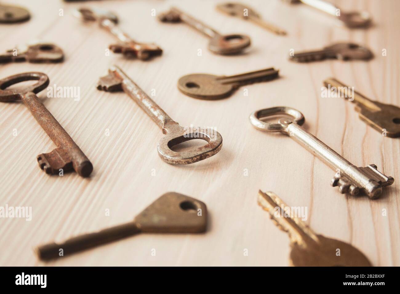 Side view of many old rusty keys background. Many keys Access, security ...