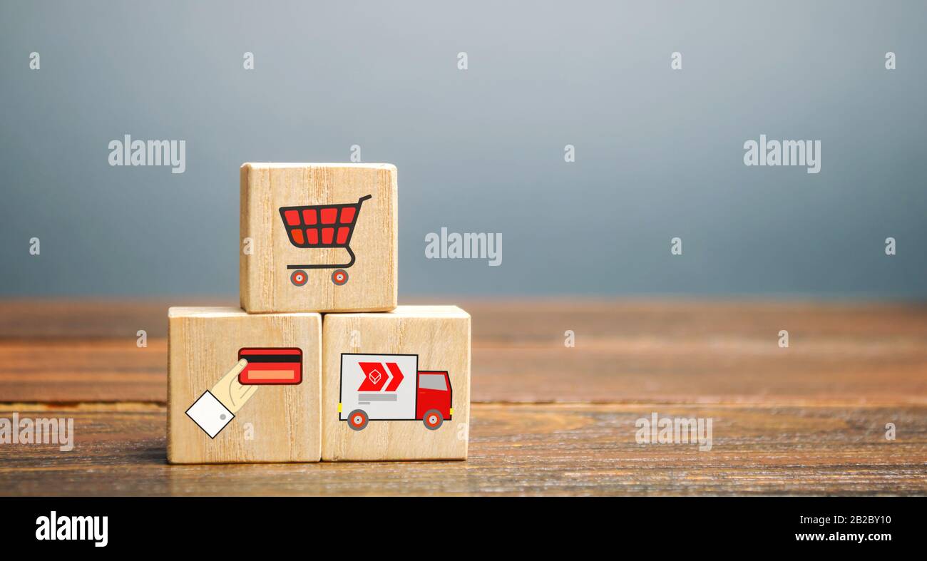 Wooden blocks with online shopping symbols. Shopping cart, card for ...