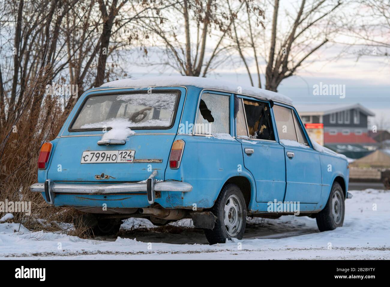 Krasnoyarsk, Russia, February 1, 2020: old abandoned retro car blue vaz ...