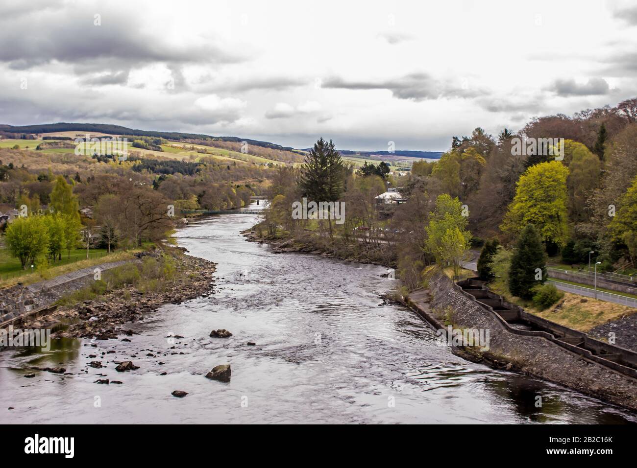 View of the river Tummel on an early spring day, where it flows through ...