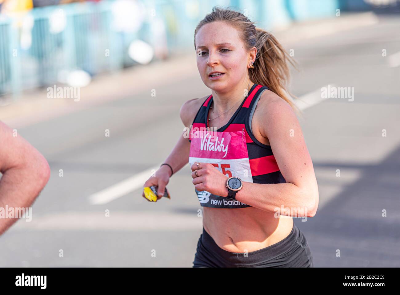Steph Mccall racing in the Vitality Big Half half marathon crossing ...