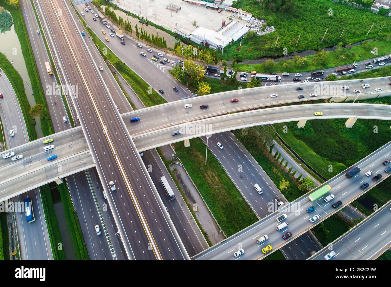 Look down view of traffic cross intersection road with vehicle movement ...