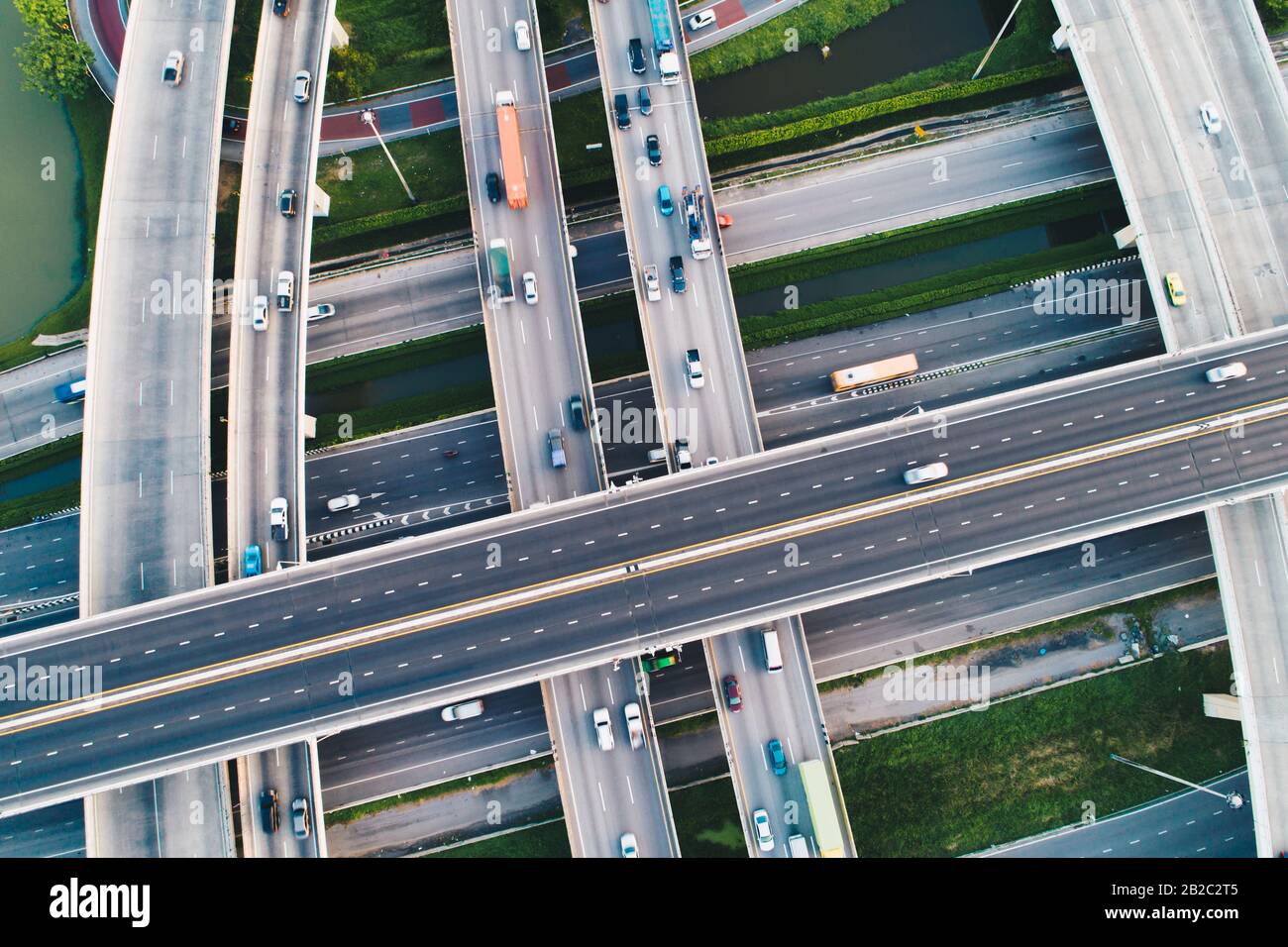 Look down view of traffic cross intersection road with vehicle movement ...