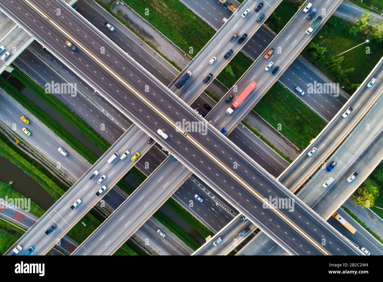 Look down view of traffic cross intersection road with vehicle movement ...