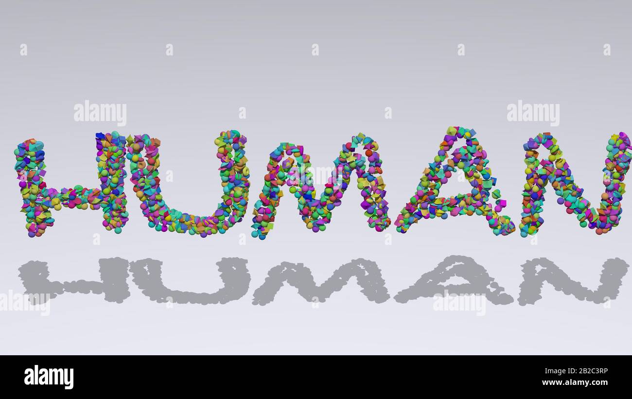 HUMAN written in 3D illustration by colorful small objects casting ...