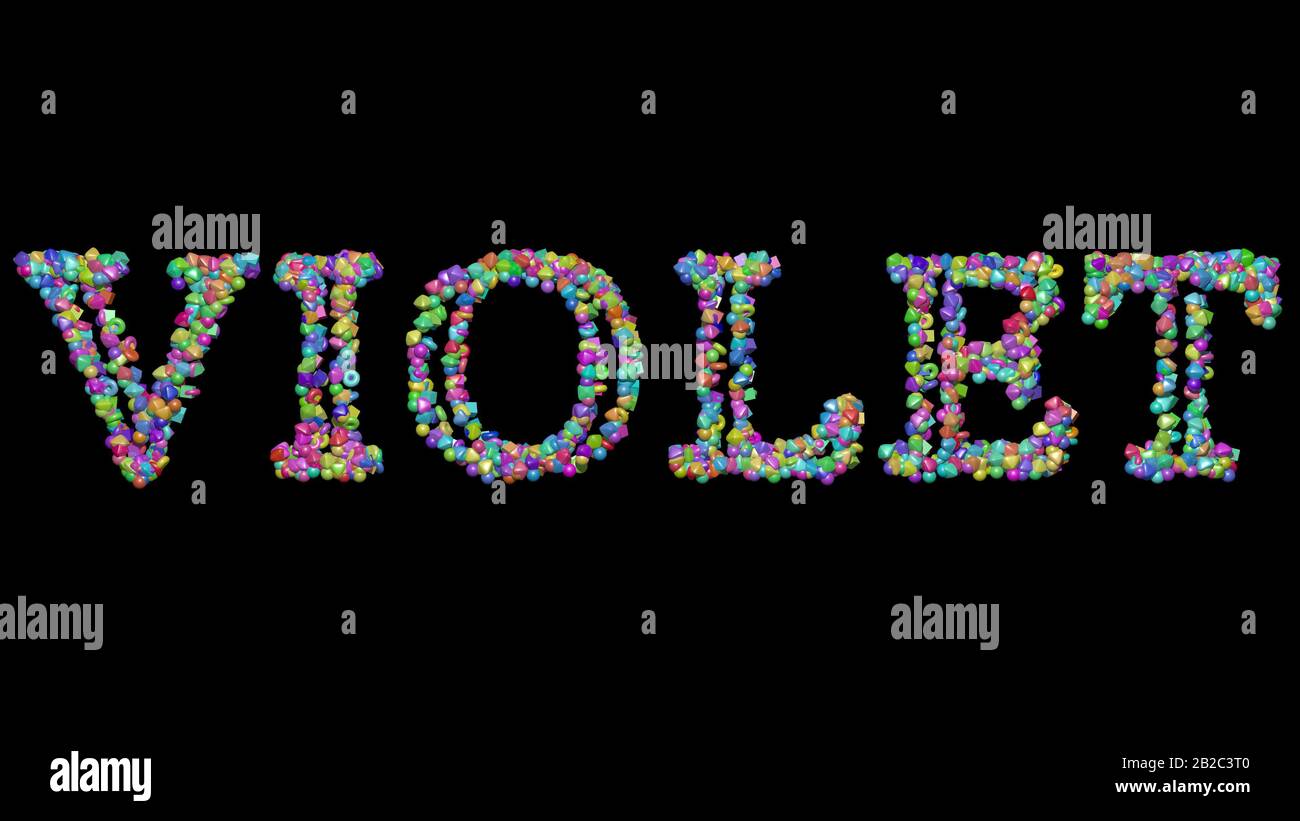 VIOLET: 3D illustration of the text made of small objects over a black ...