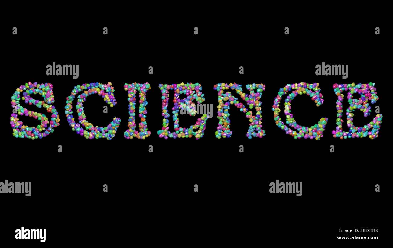 SCIENCE: 3D illustration of the text made of small objects over a black ...