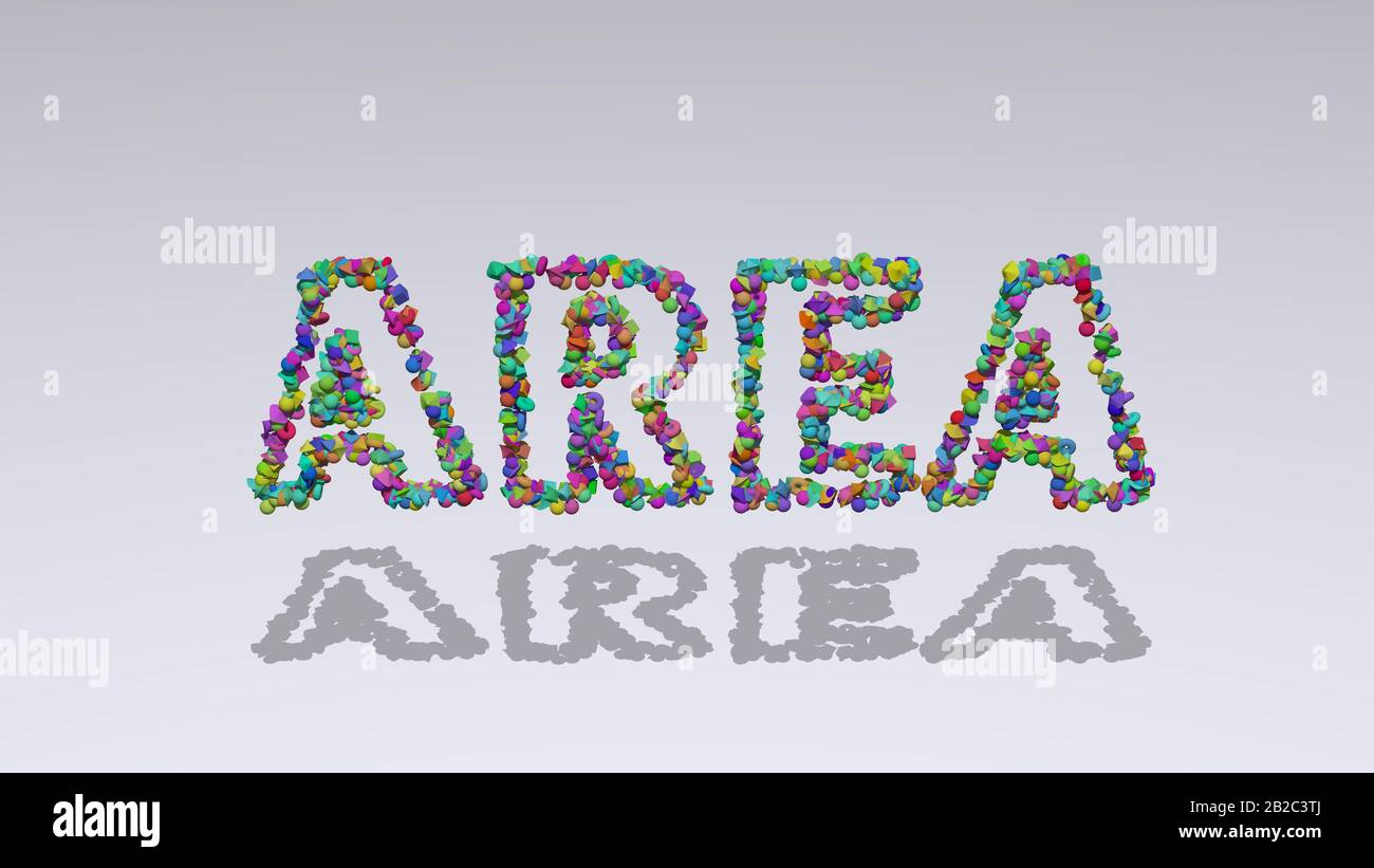AREA: 3D illustration of the text made of small objects over a white ...