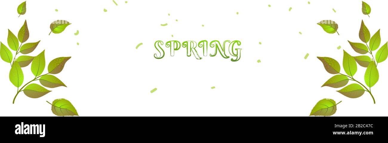 Spring header green brunches and text for web backdrop. Summer color ...