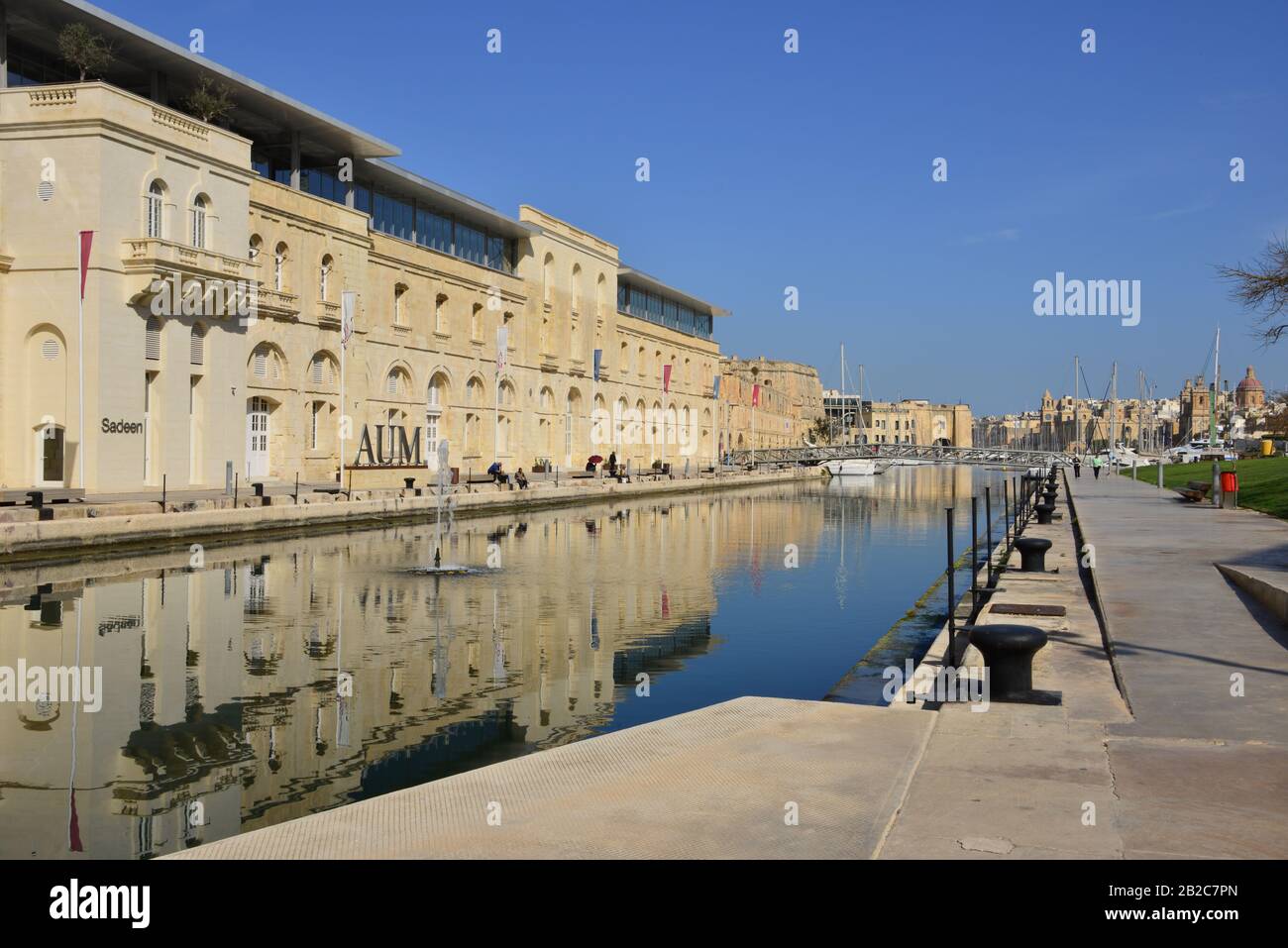 Lattice framed bridge in front of a an old harbour at Bormla in Malta ...