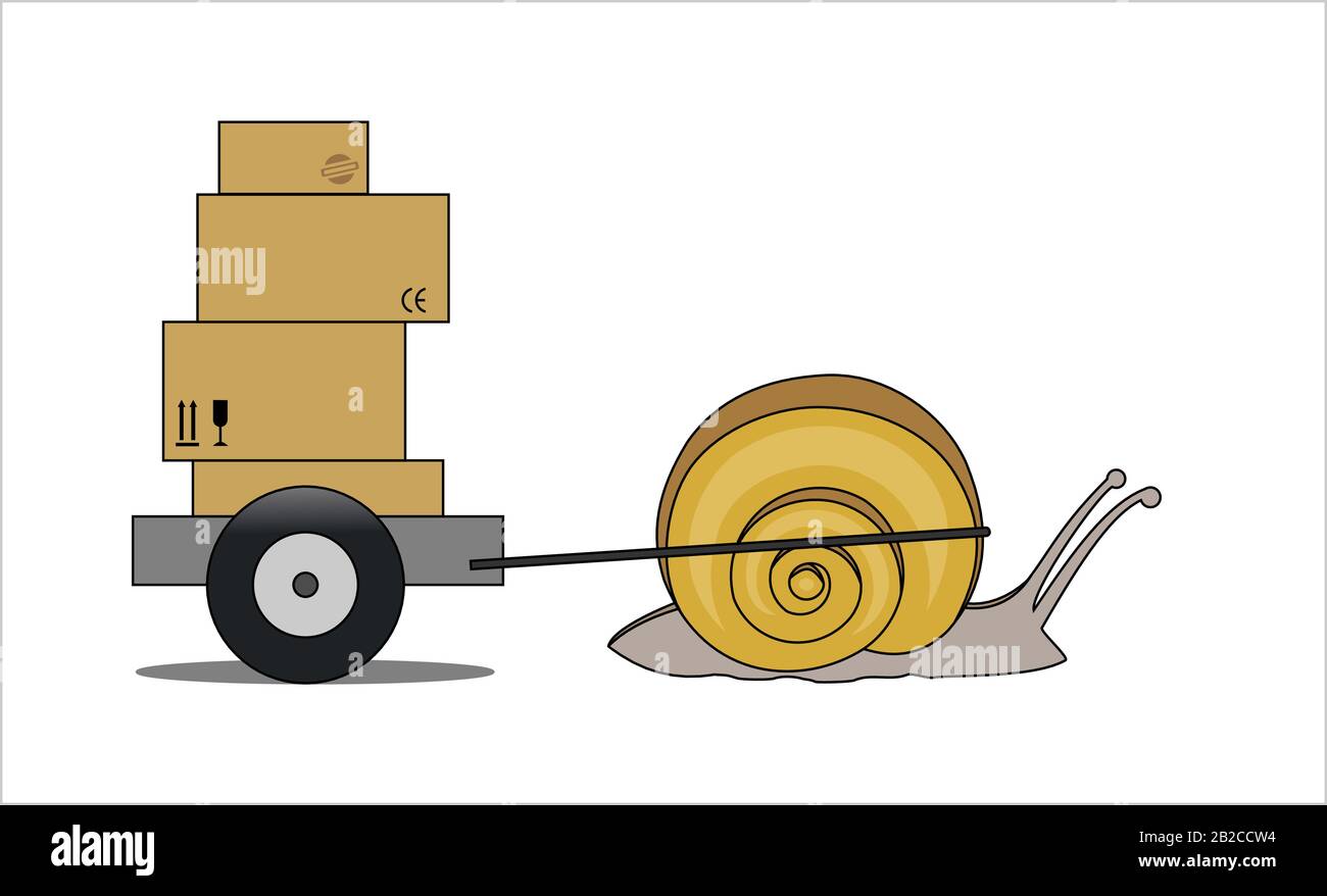 Snail Carries A Cart With Boxes, Side view. Slow Delivery. Signs on ...