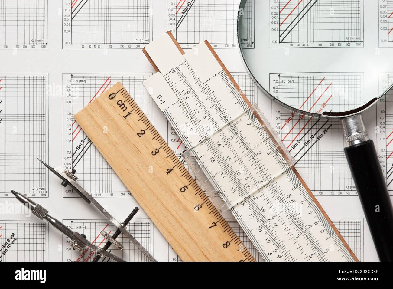 engineering tools on a technical drawing Stock Photo - Alamy