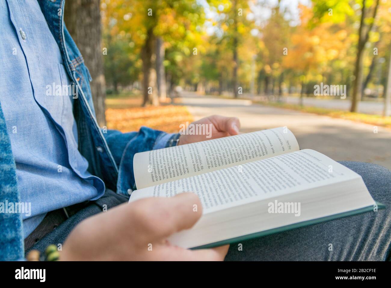 Handsome young man reading a book in a park. Portrait of a young man ...