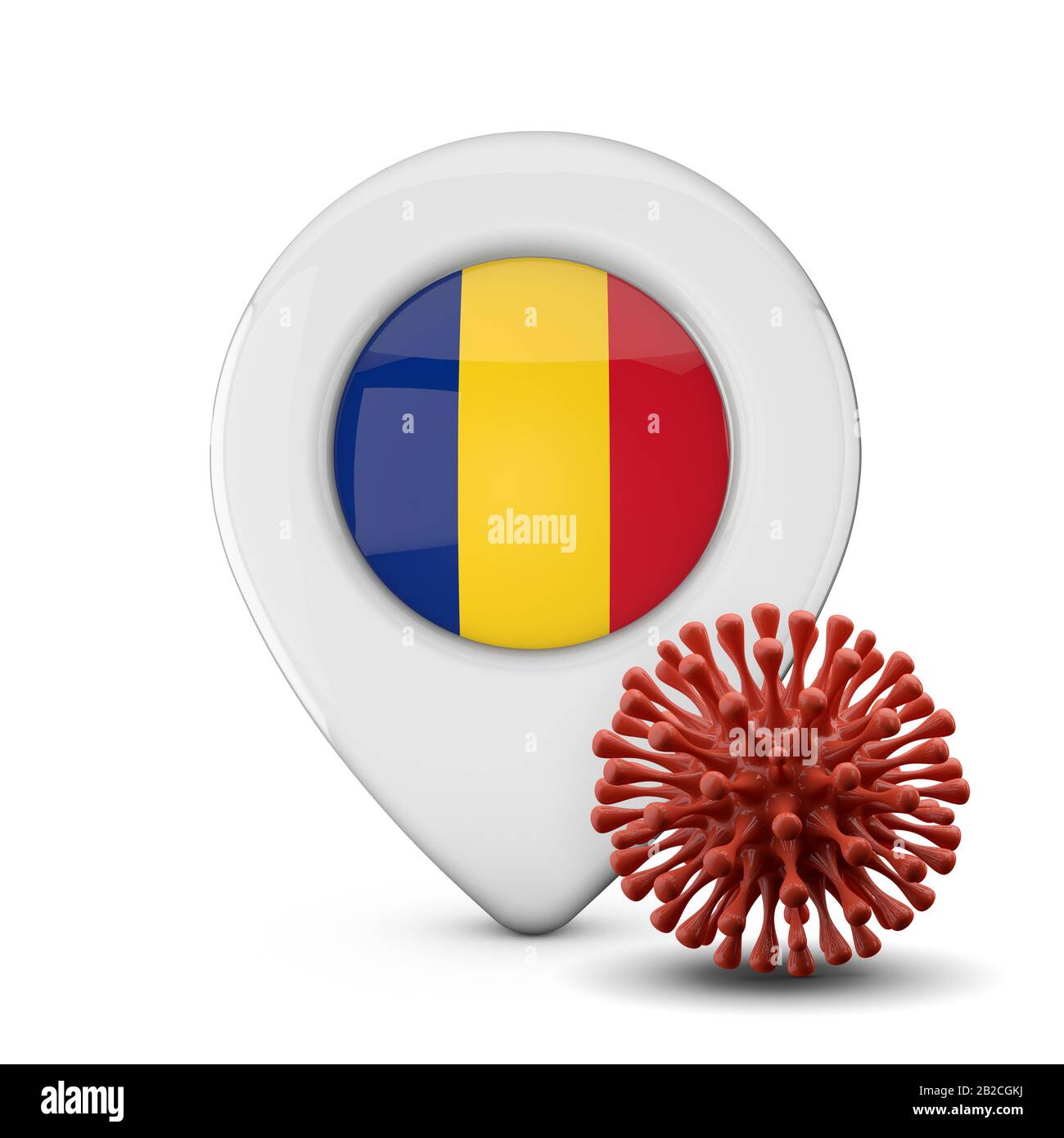 Romania location marker with virus or disease microbe. 3D Render Stock ...