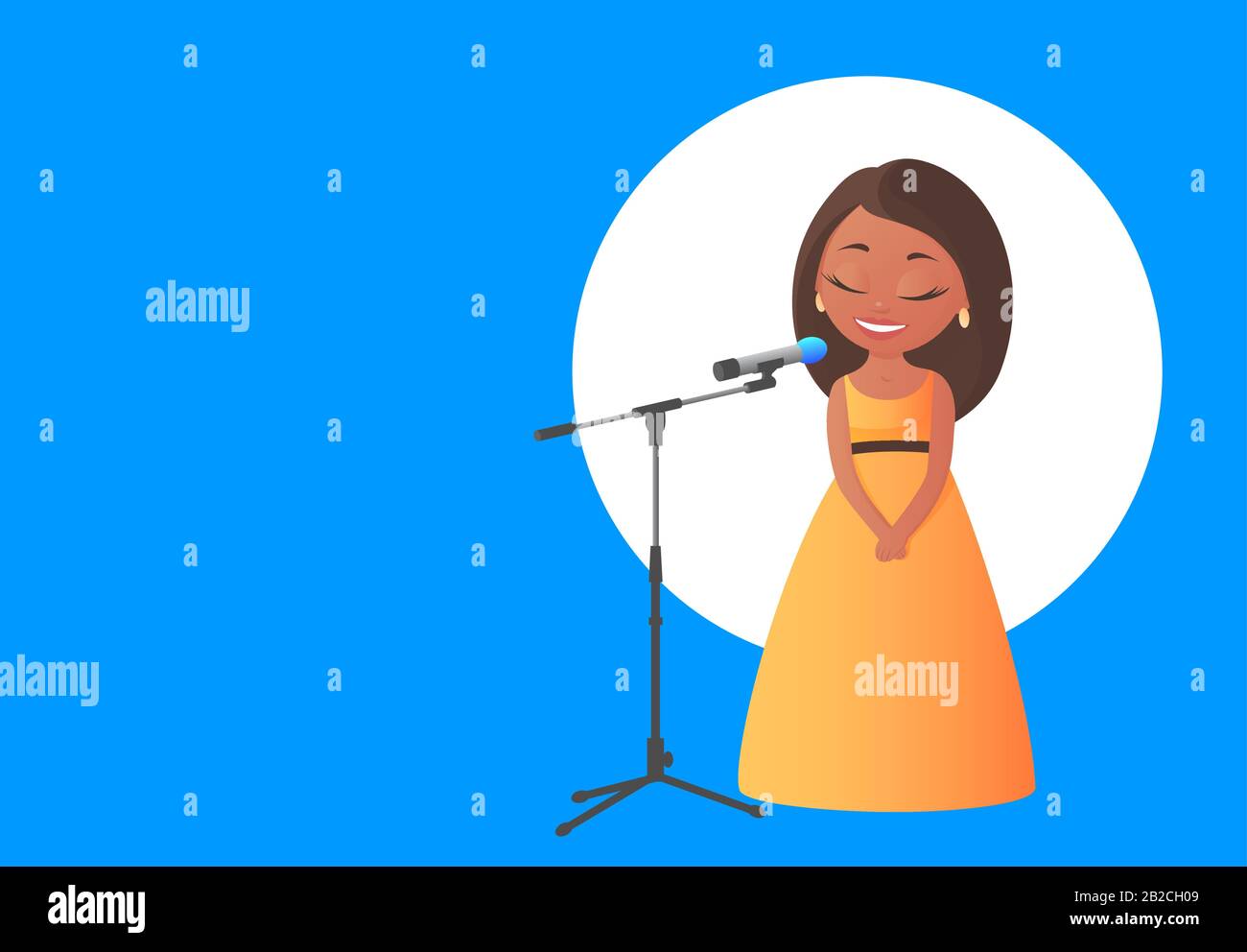 Beautiful young brunette girl singing into a microphone. Dressed in a ...