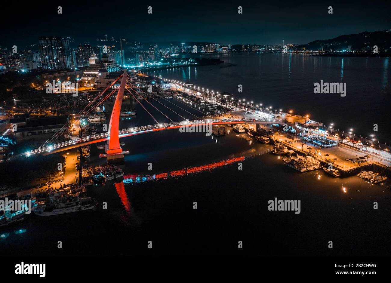 Beautiful aerial view of harbour and bridge with lights at night Stock ...