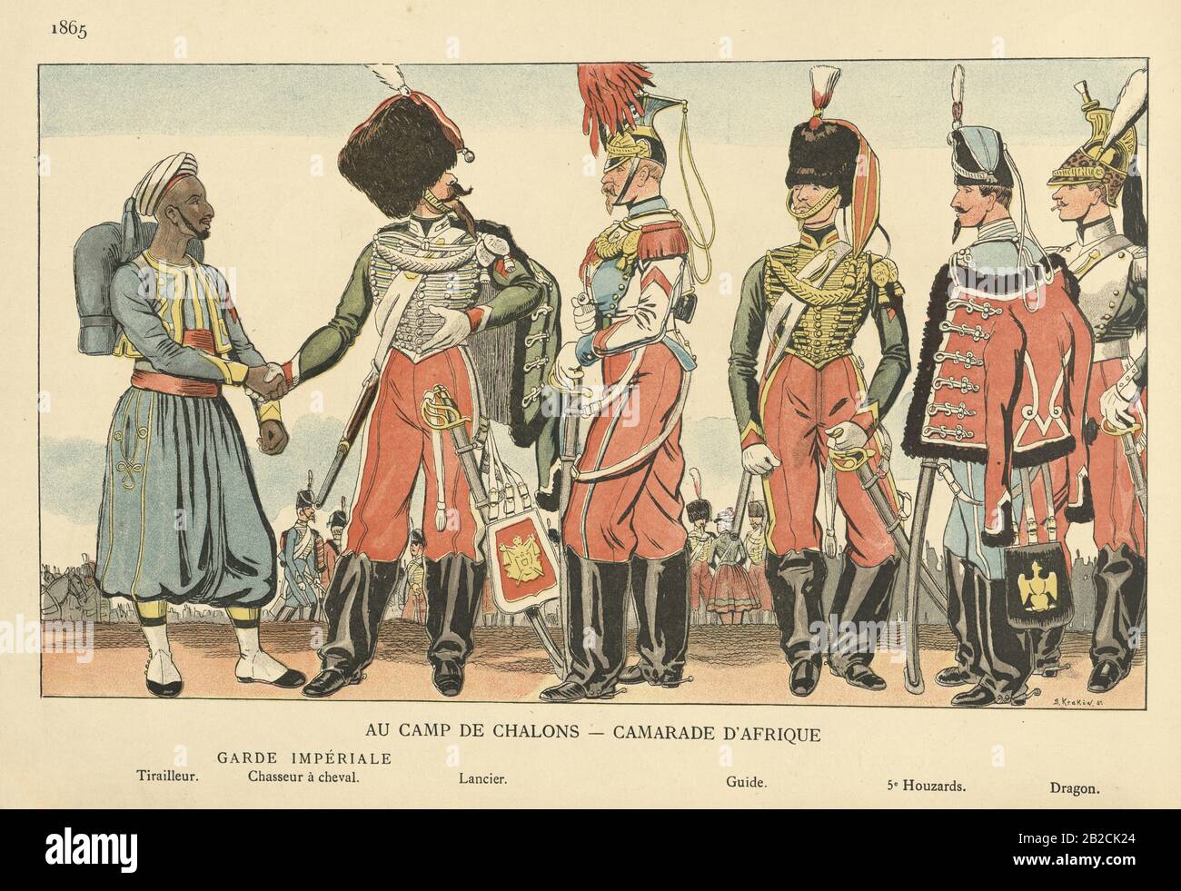Vintage engraving of French military uniforms 1860s. Au camp de chalons ...