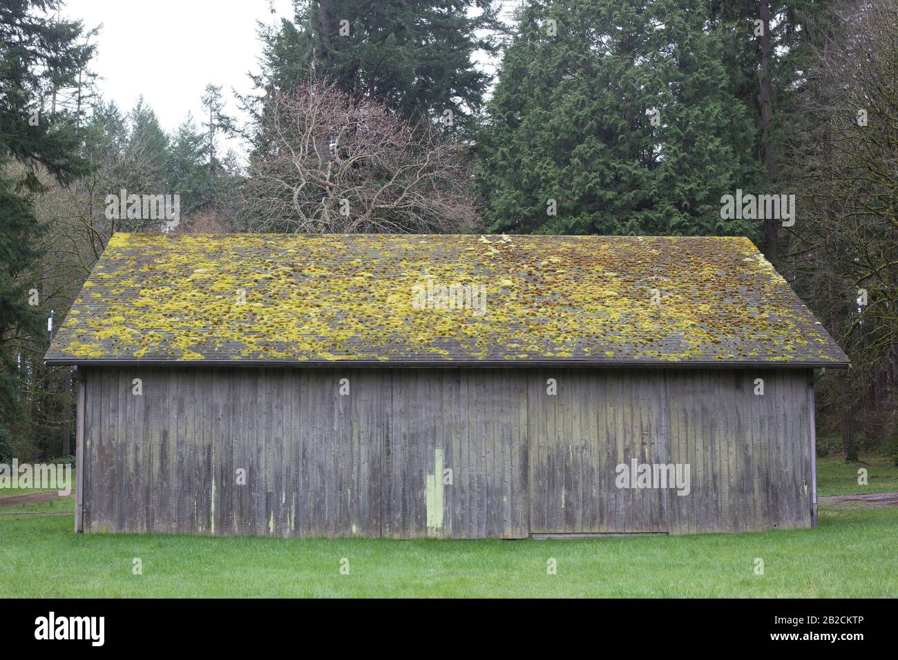 An old sheep barn with moss covered roof, at Bloedel Reserve on ...