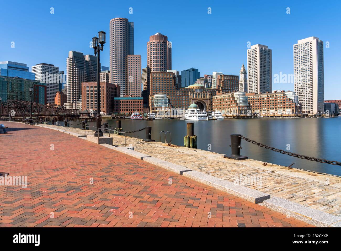 Scene of Boston skyline from Fan Pier at the afternoon with smooth ...