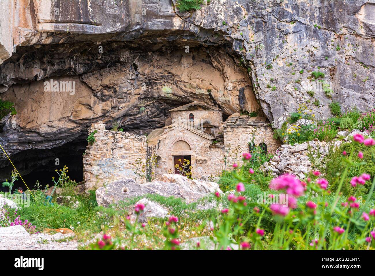 Orthodox monastery enclosed by Davelis cave in Penteli, a mountain to ...
