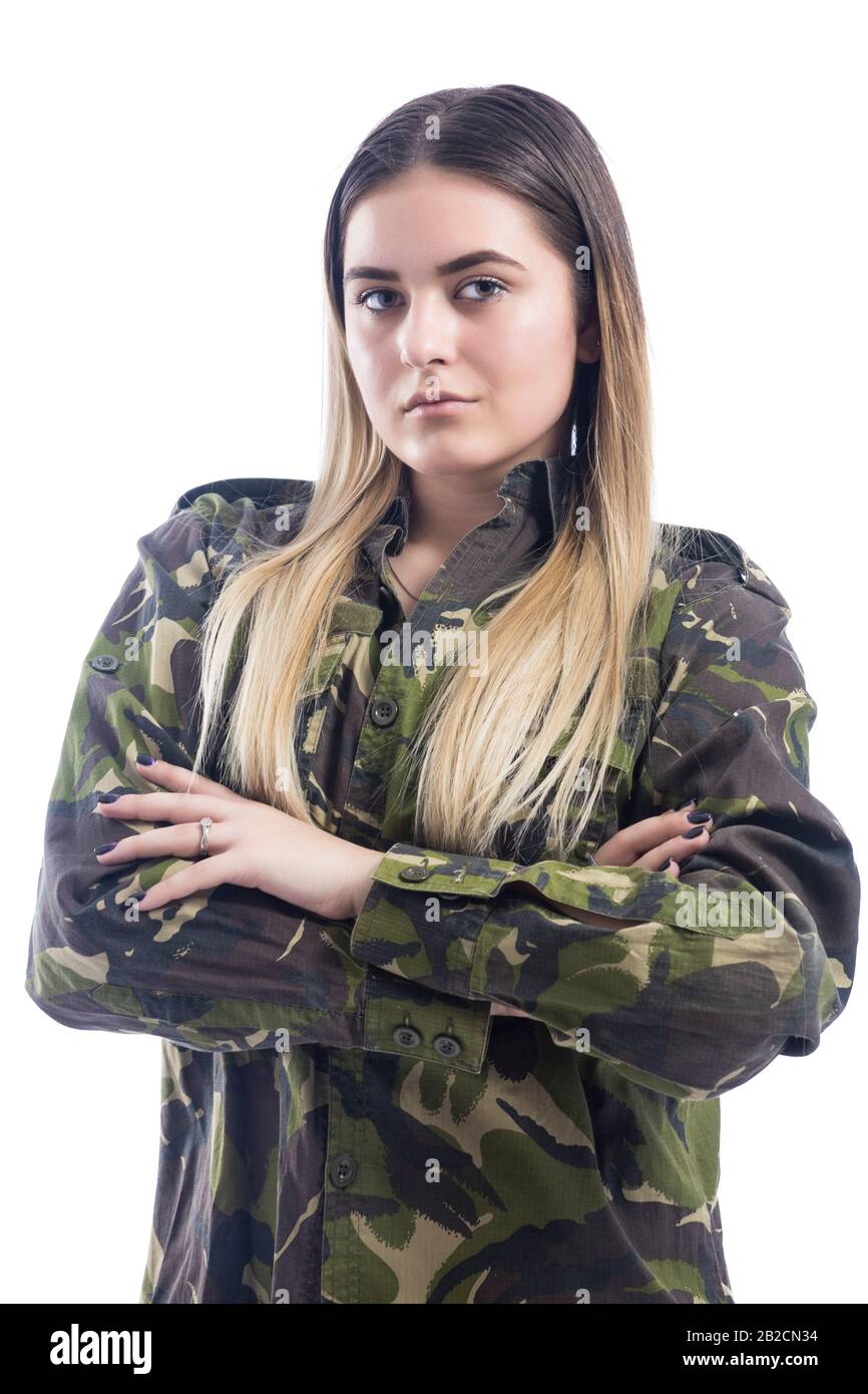 Pretty female soldier on white background Stock Photo - Alamy