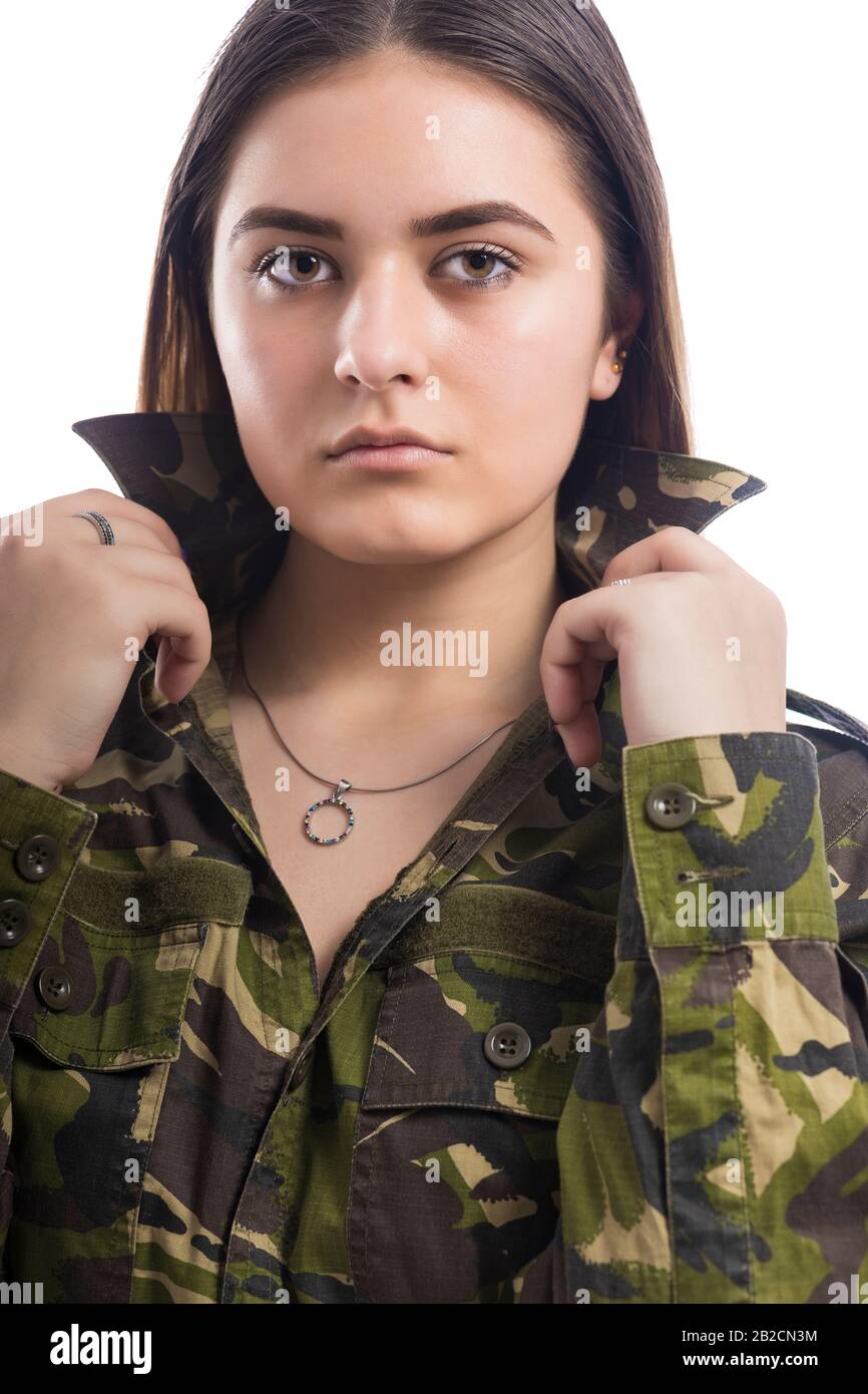 Pretty female soldier on white background Stock Photo - Alamy