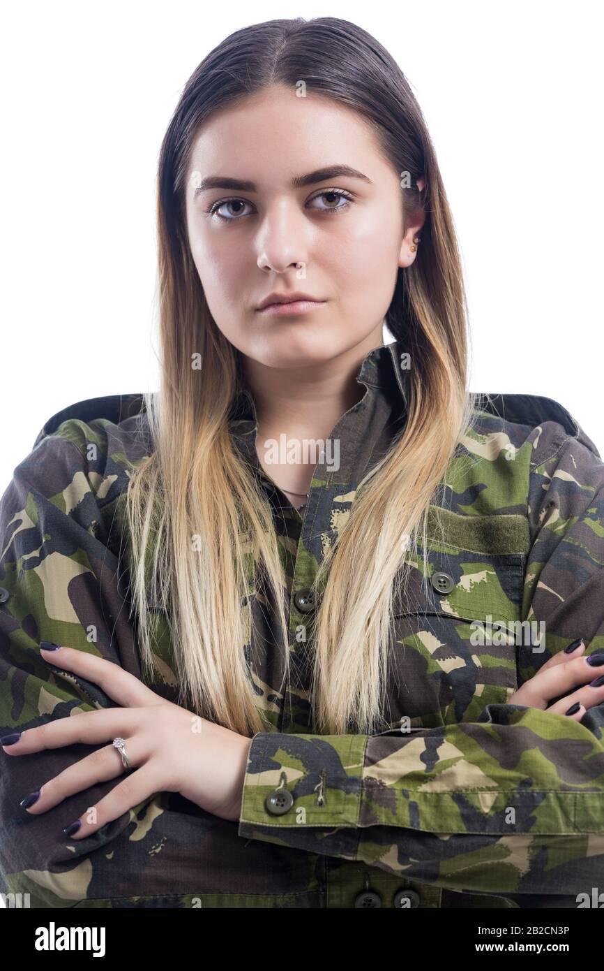 Pretty female soldier on white background Stock Photo - Alamy