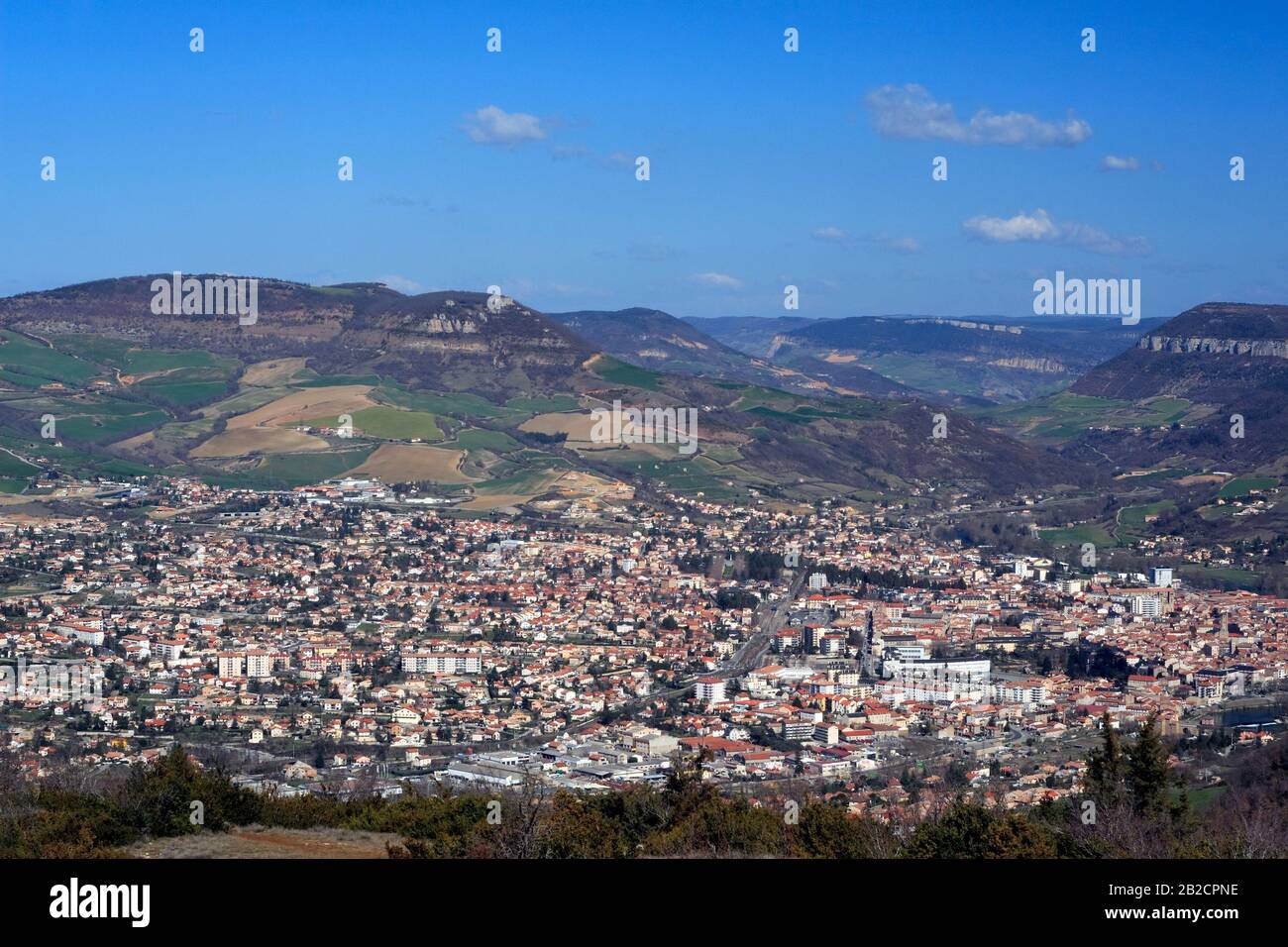 Aerial view of Millau City, Grands Causses Regional Natural Park ...
