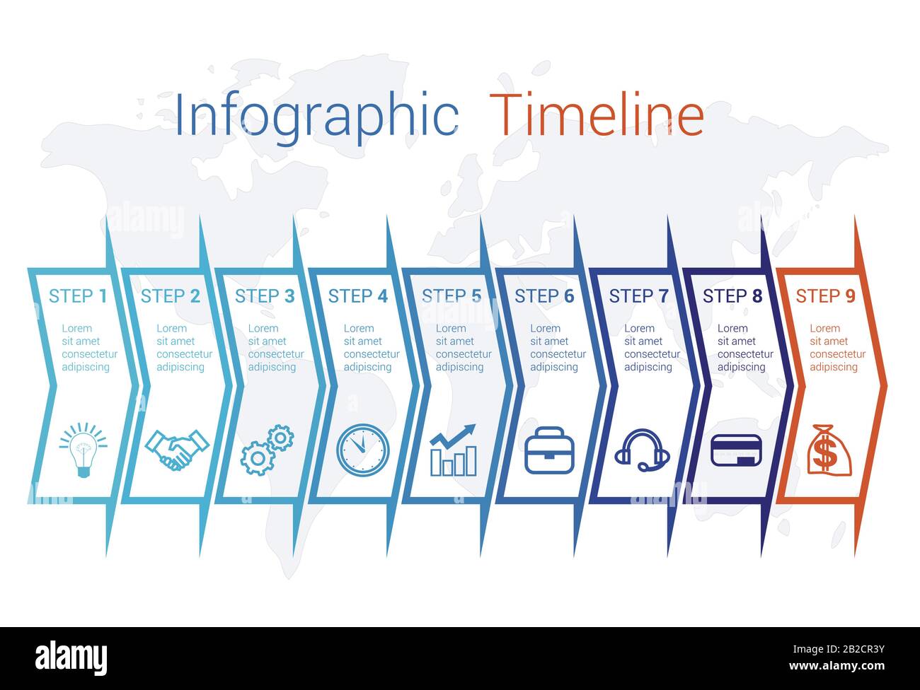Timeline Infographic arrows on map numbered for 9 positions can be used ...