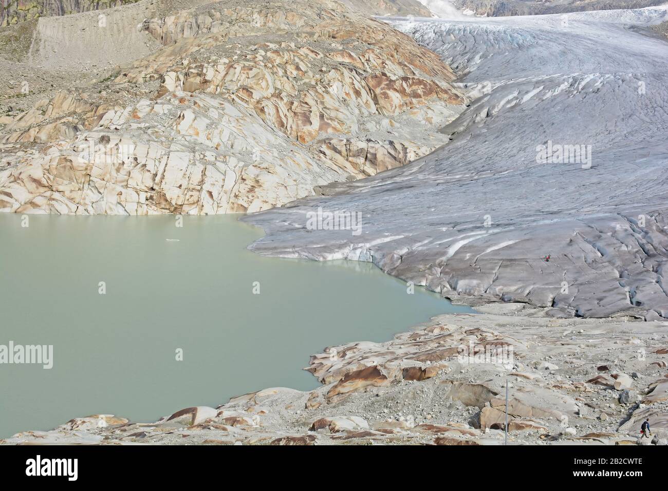 The Rhone Glacier and the glacial lake which marks the birth of the ...