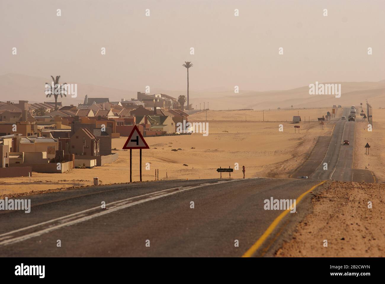 Road B2 linking Swakopmund to Walvis Bay, Landstand can be seen on the ...