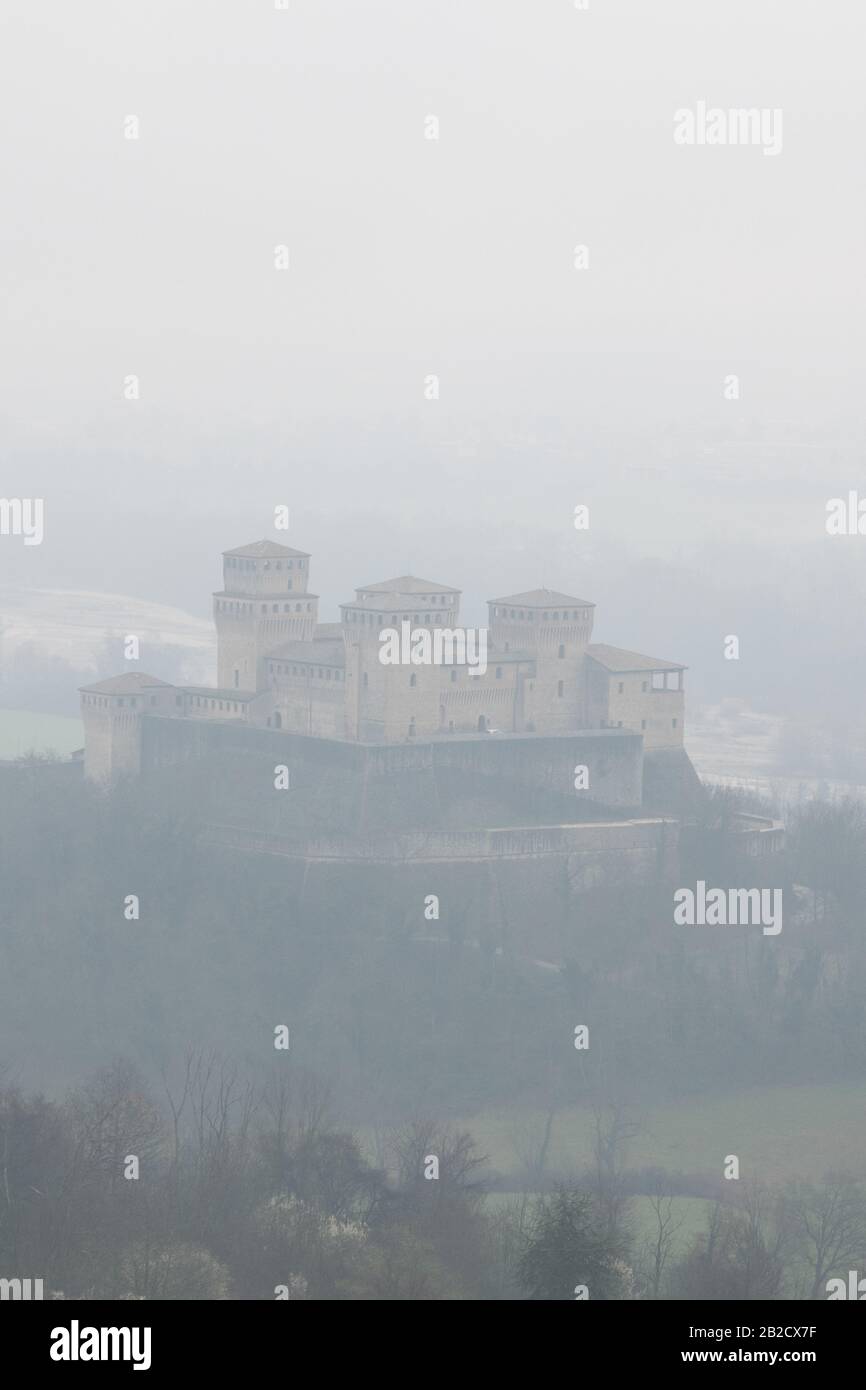 Torrechiara castle near Parma, Italy on a foggy and rainy day Stock ...